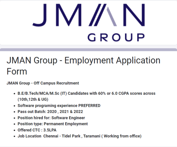 JMAN Group Mass Hiring 2023 For Software Engineer || Freshers || B.E/B ...