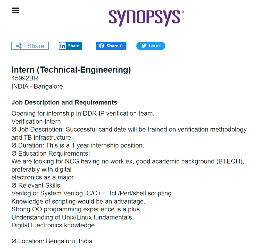 Synopsys Recruitment 2023 Hiring Intern Technical Engineering Be B