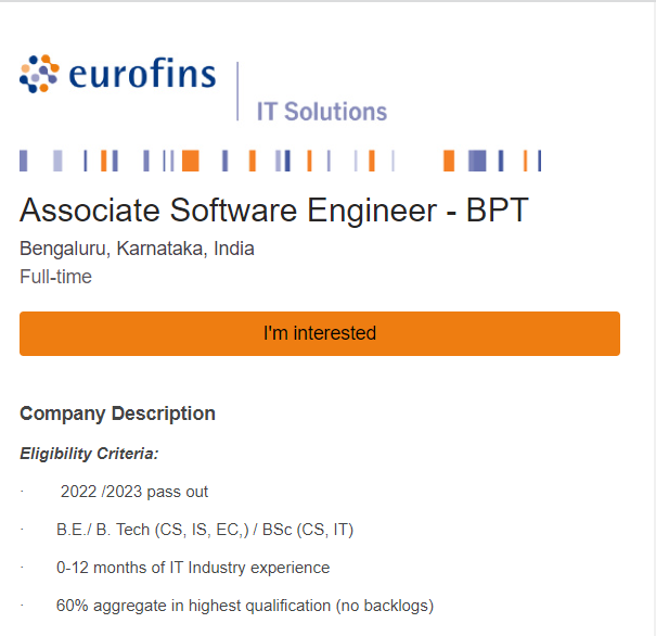 Eurofins Mass Hiring 2023 Hiring Software Engineer -| BE/B-Tech/BSC