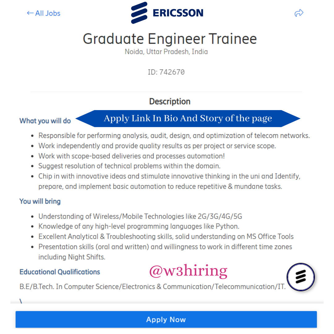 Ericsson Off-Campus Drive 2024 Hiring Graduate Engineer Trainee -| BE/B-Tech