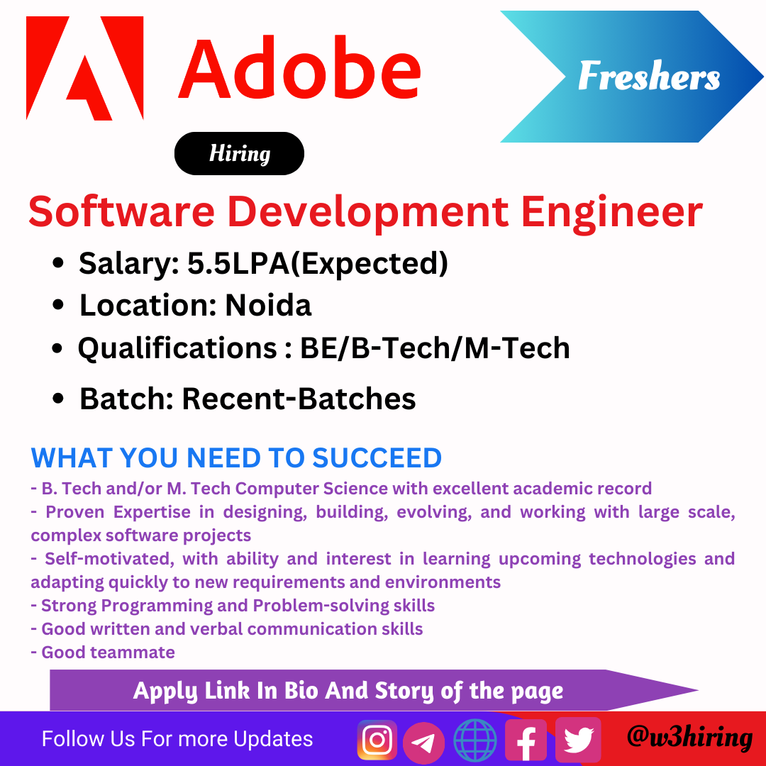 Adobe Jobs 2024 Hiring Software Development Engineer -| BE/B-Tech/ME/M ... Adobe Jobs 2024 Hiring Software Development Engineer -| BE/B-Tech/ME/M ...