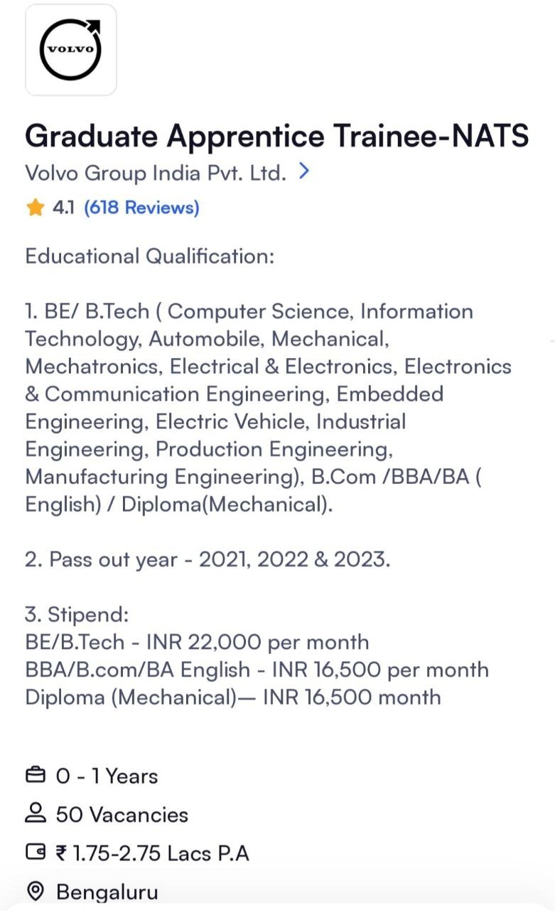 Volvo Mass Hiring 2024 Hiring Graduate Apprentice Trainee- BE/B-Tech ...
