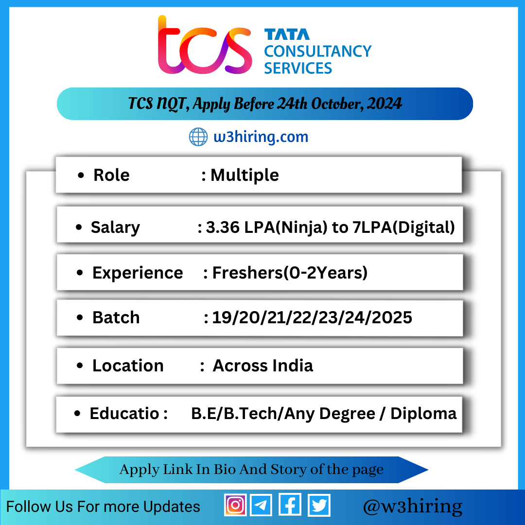 TCS NQT Mass Hiring Recruitment 2024 (TCS NQT)| 19/20/21/22/23/24/2025 ... TCS NQT Mass Hiring Recruitment 2024 (TCS NQT)| 19/20/21/22/23/24/2025 ...