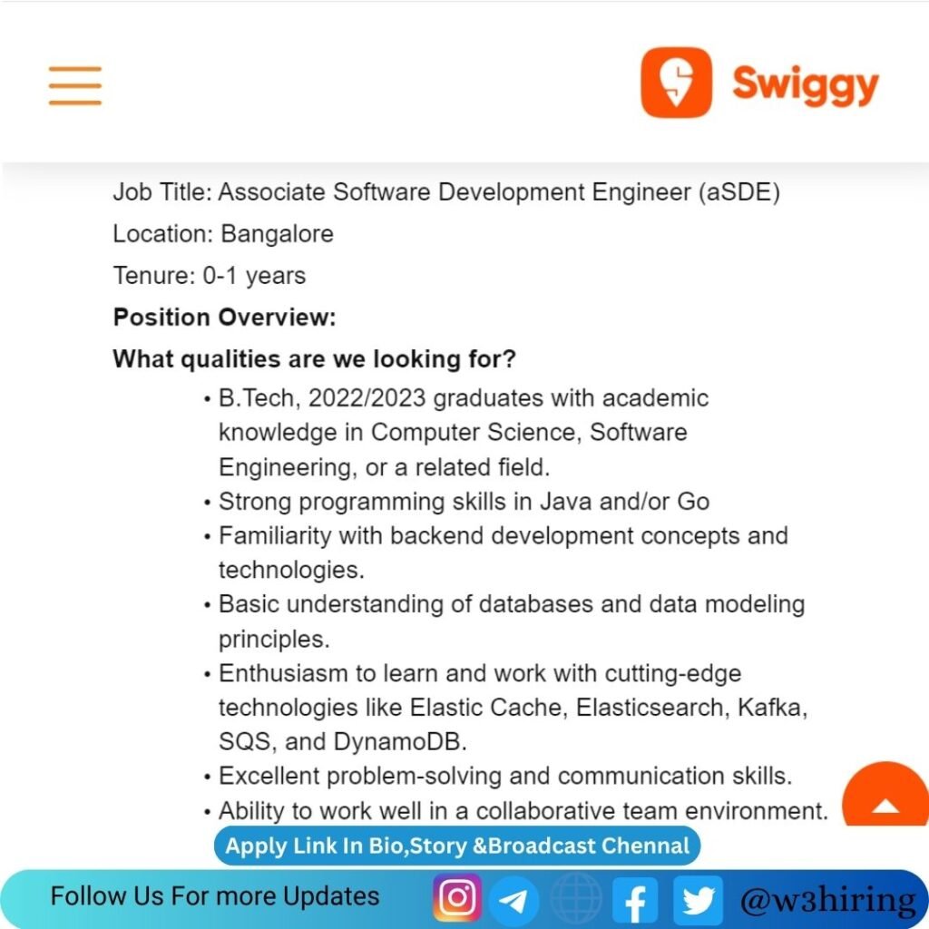 Swiggy Mass Hiring 2024 For Associate Software Engineer- Fresher - W3Hiring
