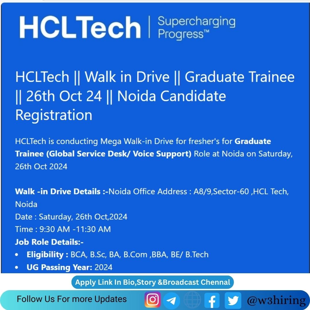HCLTech Recruitment 2024 Hiring Graduate Trainee- BE/B-Tech/BCA/BSC ... HCLTech Recruitment 2024 Hiring Graduate Trainee- BE/B-Tech/BCA/BSC ...